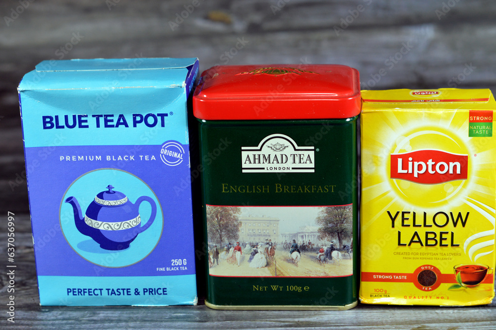 Giza, Egypt, August 12 2023: Blue pot black tea, Ahmad London English ...