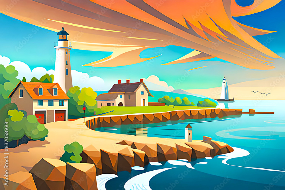 Design a coastal cartoon village landscape background with quaint ...