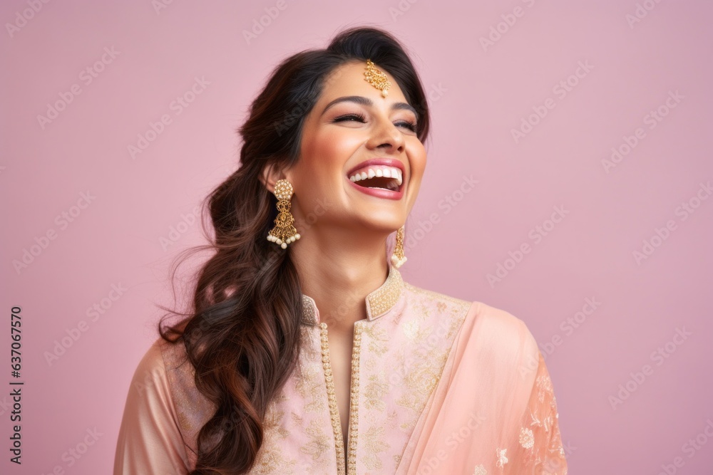 Lifestyle portrait of an Indian woman in her 30s against a pastel or ...