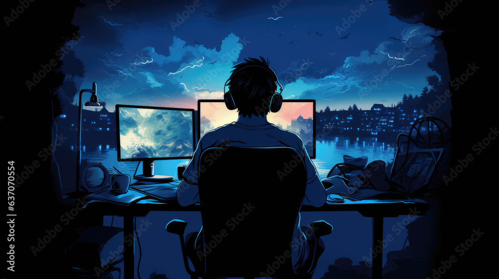 the moment of the night game at the computer. A human silhouette sits ...