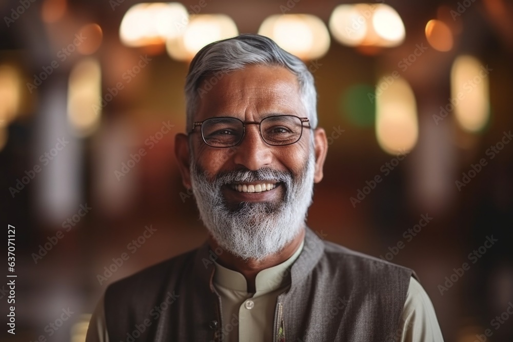 Medium shot portrait of an Indian man in his 50s wearing a cardigan in ...