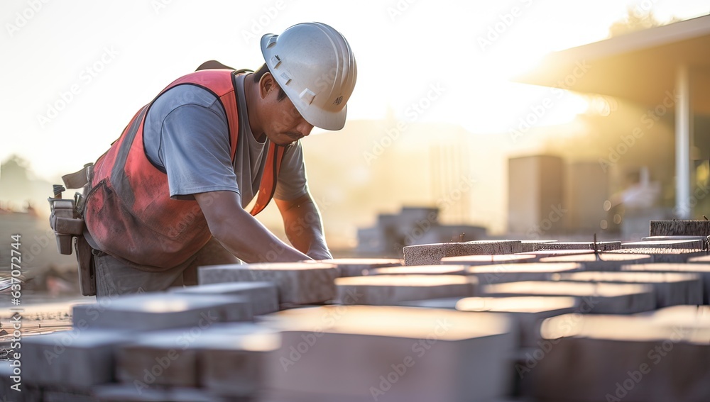 construction worker using cement blocks for building a house at ...