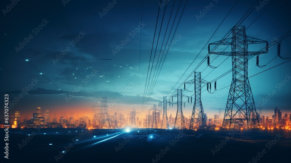 A high-voltage tower and power lines amidst the abstract blur of city ...