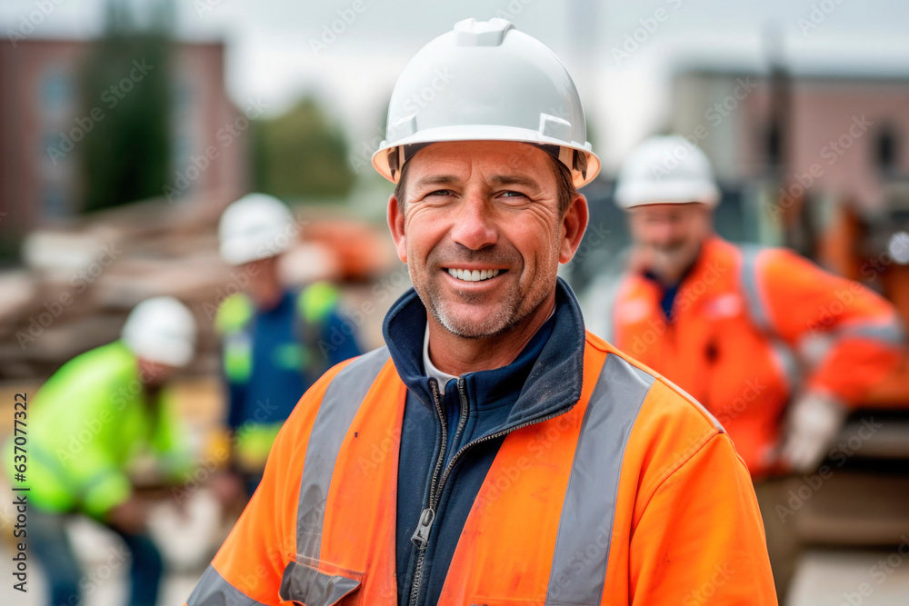 Group of workmen in uniforms and safety helmets at International Labor ...