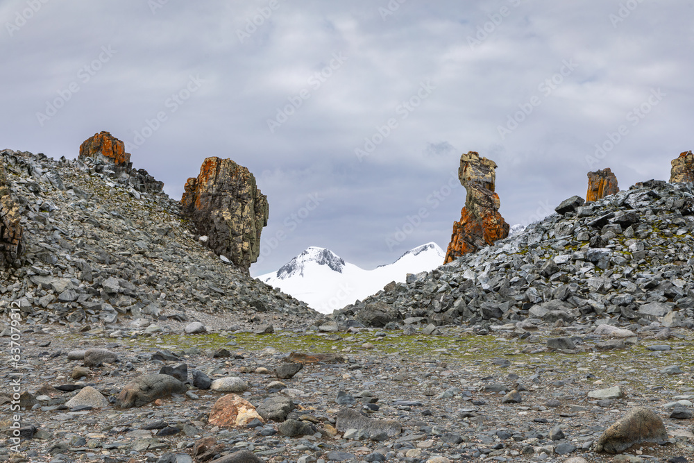Basalt and Shale Rocky Island and Lichen Encrusted Rock Towers, Half ...