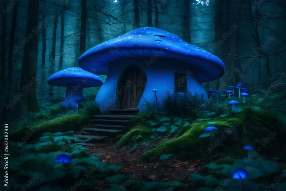 Hidden in a mystical forest, there's a fancy blue mushroom house that ...