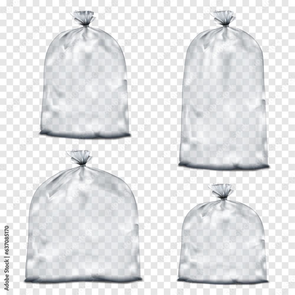 Empty clear tied plastic bag on transparent background. Different sizes ...