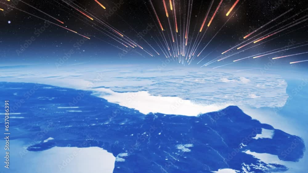 Meteor shower above planet earth, Cinematic view Burning meteors ...