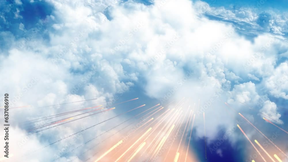 Massive meteor shower or missiles above clouds Burning meteors falling ...