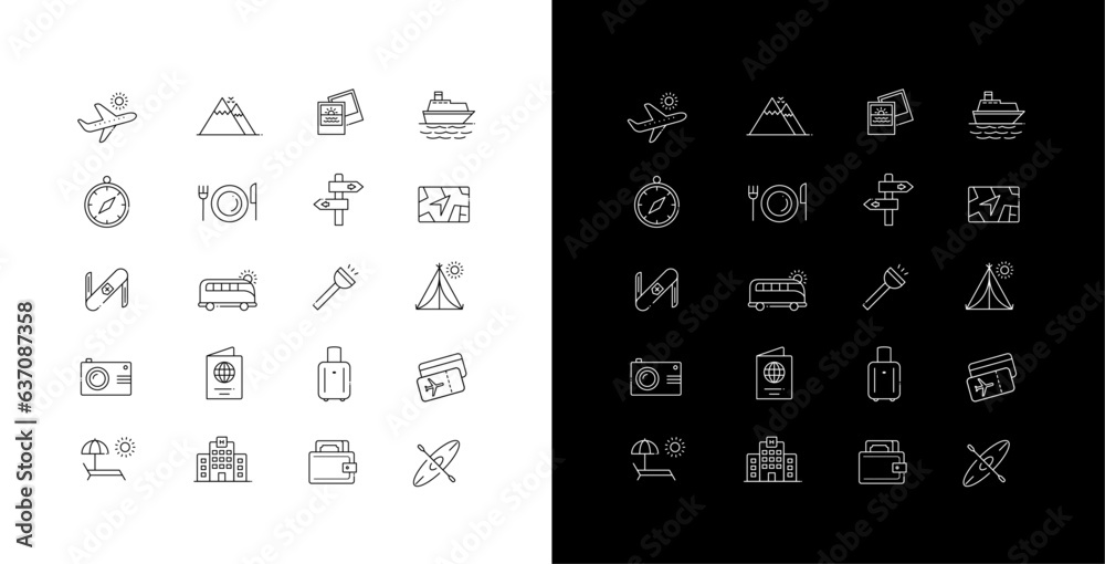 Travel essentials icons. Travel itinerary icons. Vacation line icons ...