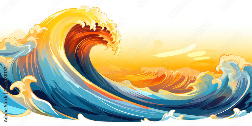 Playful Ocean Wave in Cartoon Style. Sun ocean wave blue clouds happy ...