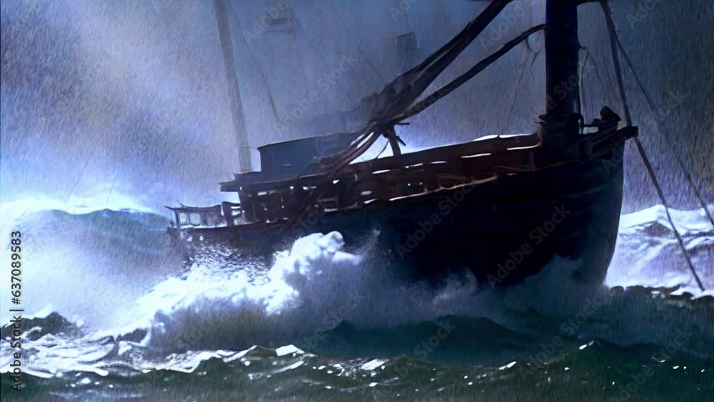 A pirate ship sailing in a stormy sea with rain. Stormy sea with ...