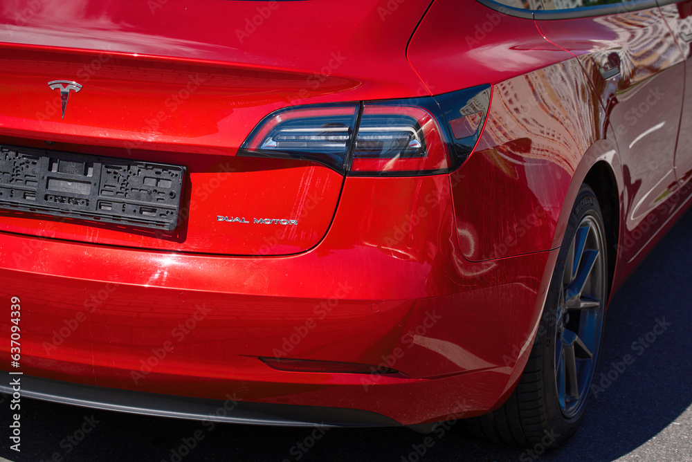 Minsk, Belarus. Aug 13, 2023. Tesla Model 3 body exterior, back view ...