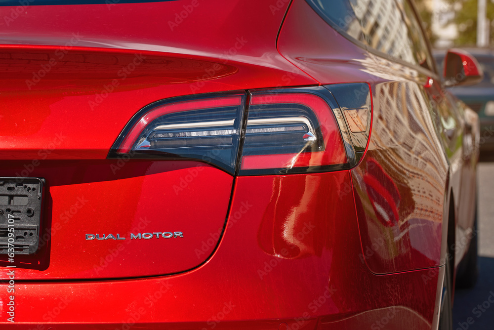 Minsk, Belarus. Aug 13, 2023. LED Tail lights of Tesla car. Tesla car ...