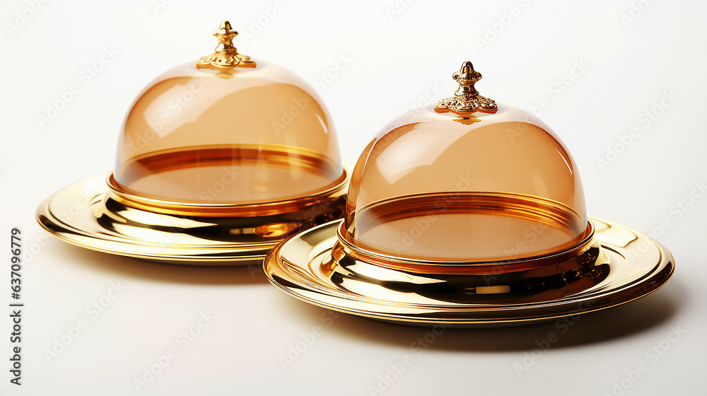 3D Gold Realistic set of golden plates with dome lids, mockup empty ...
