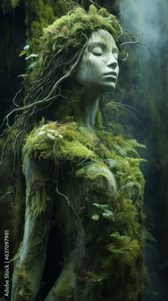 Guardian of Nature. Statue of a woman covered in green moss, plants and ...