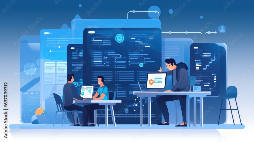 Scene Depicting A Team Of Developers Working On Mobile App Development Coding For Ios Or