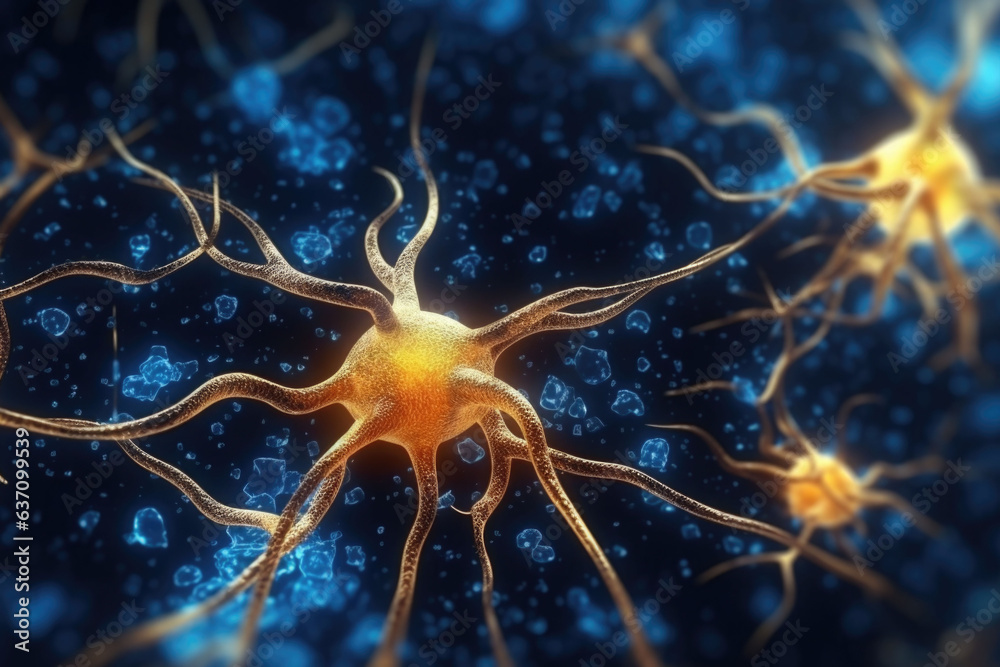 Nerve cell in blue and gold colors. System neuron of brain with ...