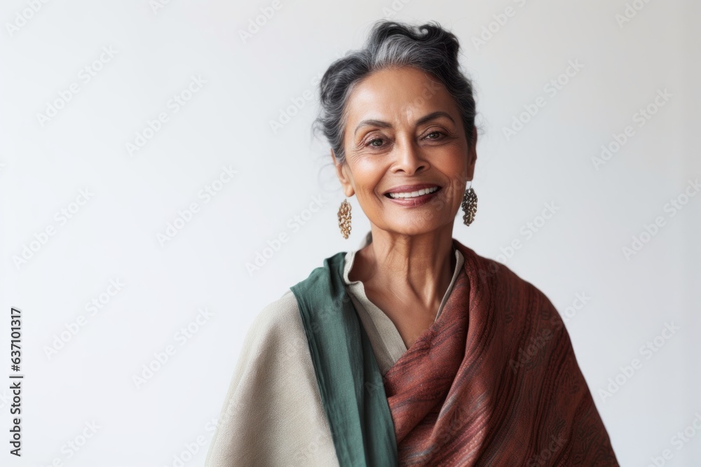 Lifestyle portrait of an Indian woman in her 50s in a minimalist ...