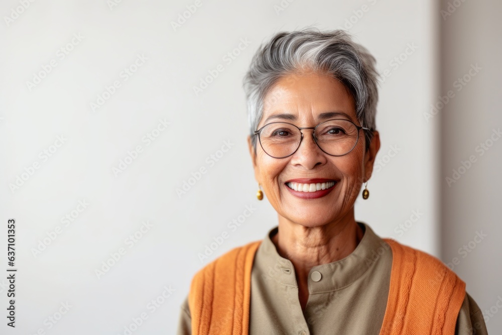 Lifestyle portrait of an Indian woman in her 50s in a minimalist ...