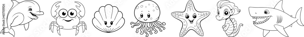 Ocean animals friendly cartoon characters collection. Dolphin, crab ...