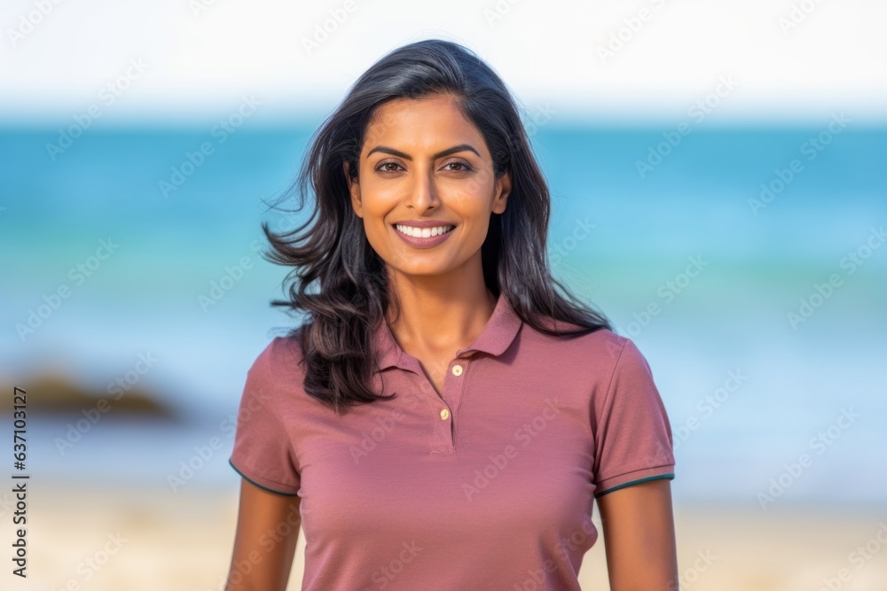 Lifestyle portrait of an Indian woman in her 30s wearing a sporty polo ...