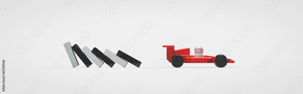 Red wooden racing car, toy car and domino cubes. 3d render on the theme ...