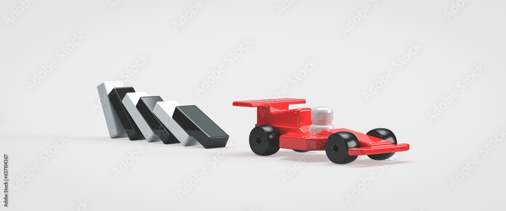 Red wooden racing car, toy car and domino cubes. 3d render on the theme ...