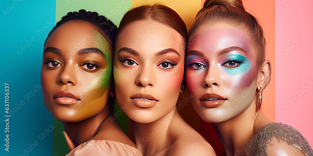 Dynamic trio of fashion influencers joyfully applying rainbow makeup ...