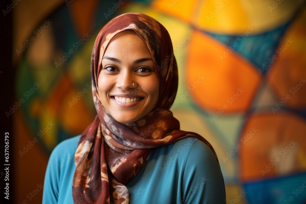 Lifestyle portrait of an Indian woman in her 30s wearing hijab in an ...