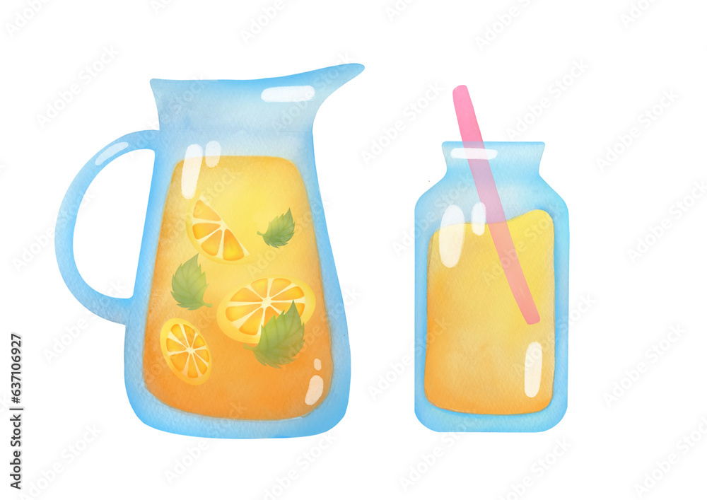Pitcher of homemade lemonade, glass tumbler with drink. hand drawn ...