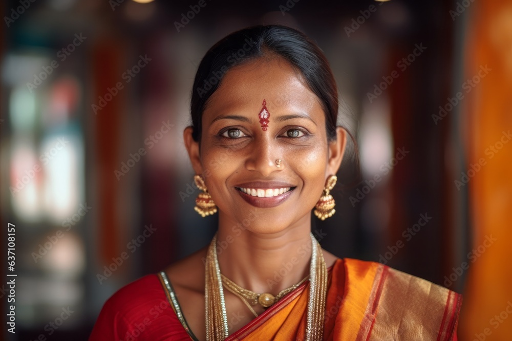 Medium shot portrait of an Indian woman in her 40s wearing bindi and ...