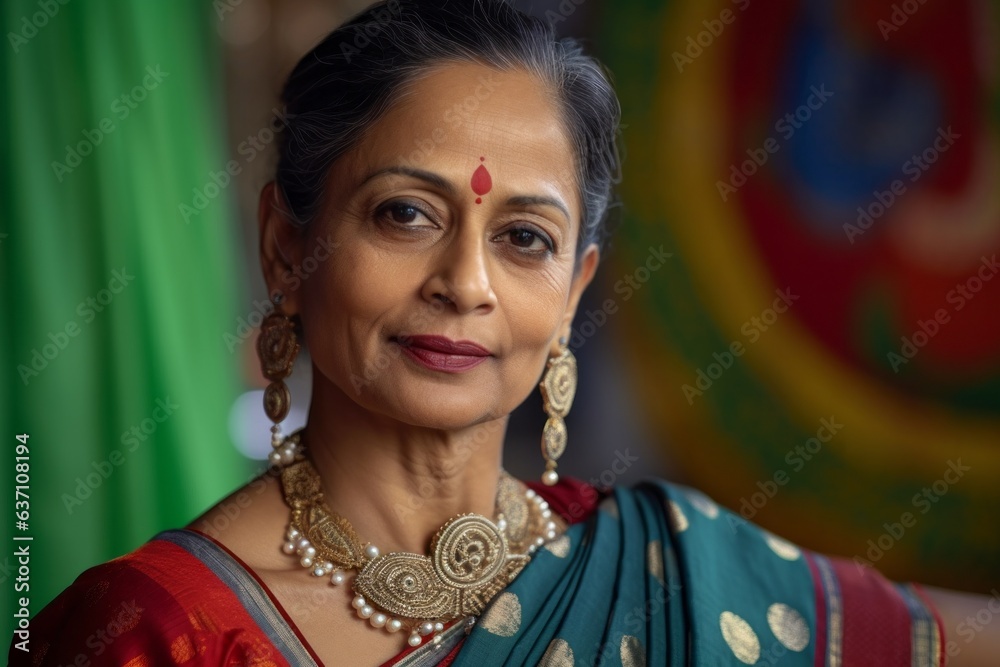 Close-up portrait of an Indian woman in her 40s wearing bindi and ...