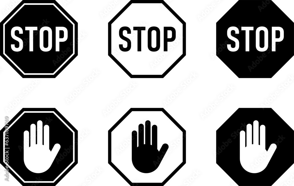 Icon Set of Black Stop Sign and Stop Hand Adblock Octagonal Symbol ...