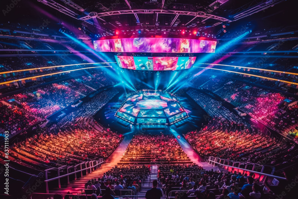 Inside of full E sport Arena, crowds of people sitting down and ...