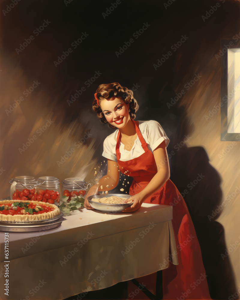 Minimalistic retro postcard of happy woman in red dress, cooks food and ...