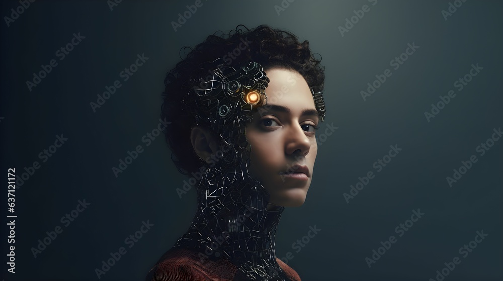 Man standing in profile, with one half of his head a robotic metal ...