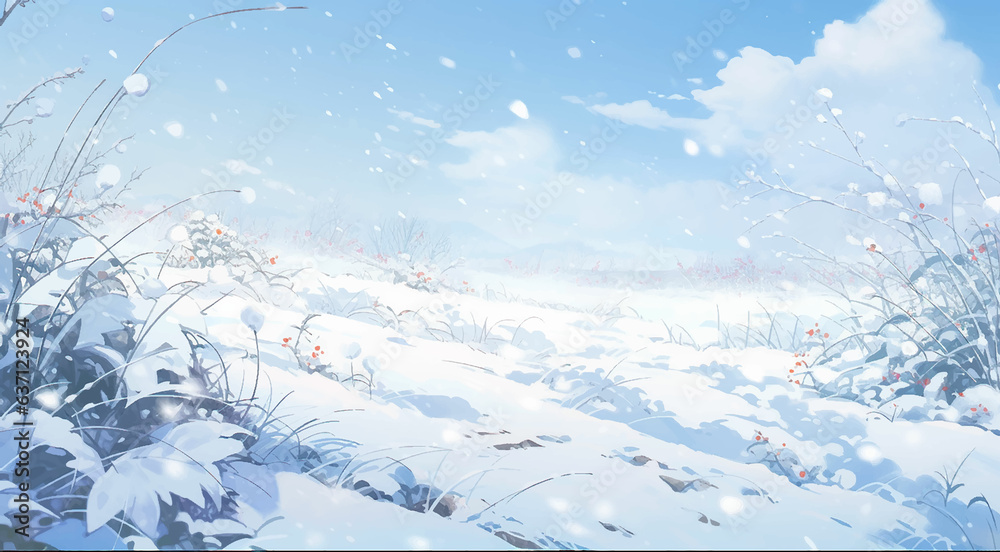 Field Winter Snow Flowers Reed Cattail Anime Cartoon Watercolor Stock ...