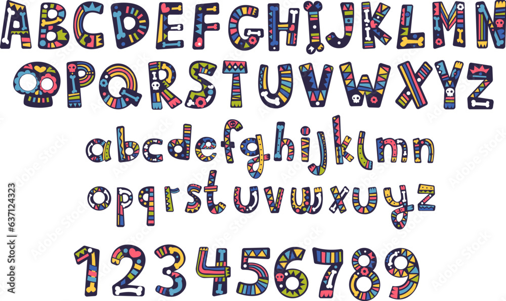 Cartoon mexican font. Fiesta typeface day dead cute alphabet, colorful ...