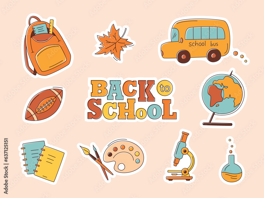 School doodle color stickers with school bus, backpack, globe, books ...