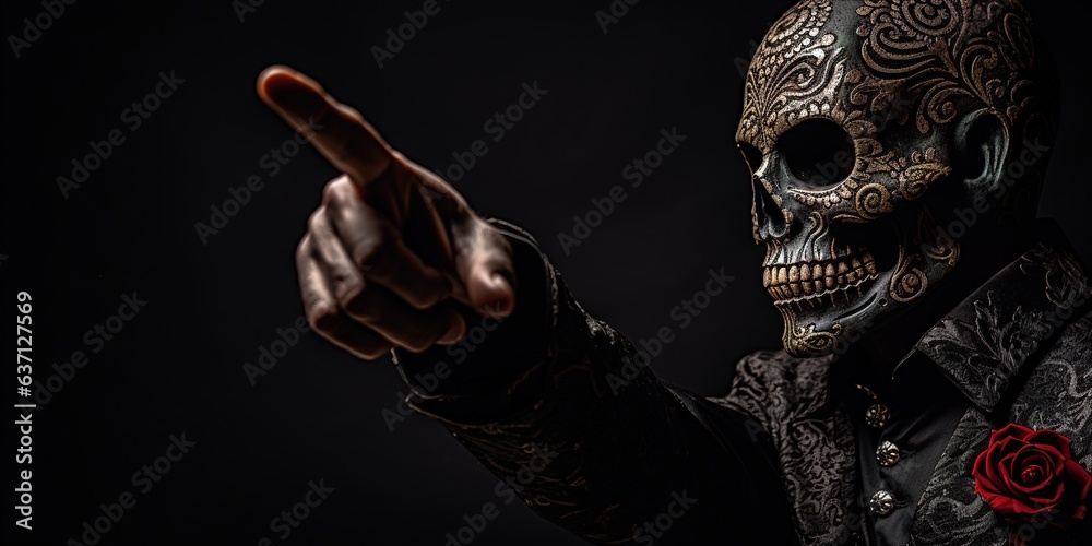 Woman with Colorful Face Tattoos for Dia de los Muertos points finger ...