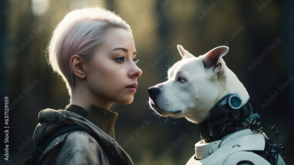 Young blonde short hair woman girl with her robotic metal sniffer dog ...