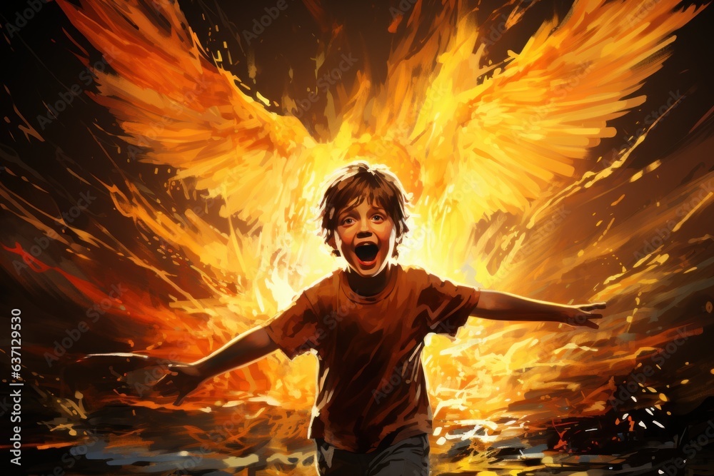 A painting of a young boy with fire coming out of his mouth. Generative ...