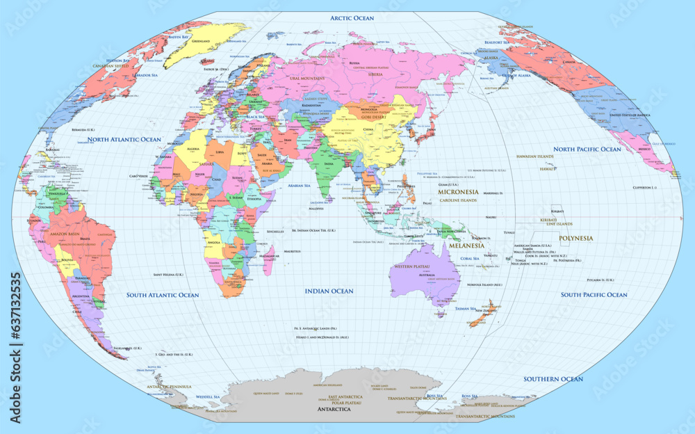 Political world map Asia centered Winkel-Tripel projection Stock Vector ...