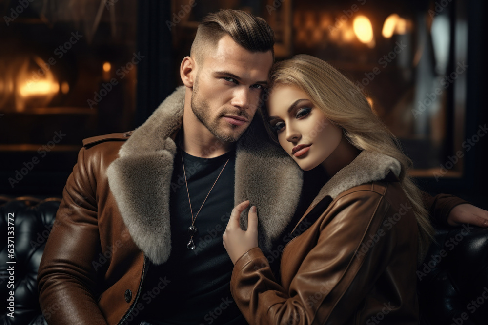 A snuggly and chic couple on a sofa. The girl cuddles up to the strong ...