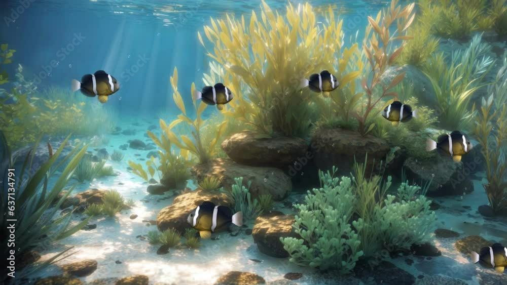 Close up underwater scene with school of yellowtail clownfish among ...