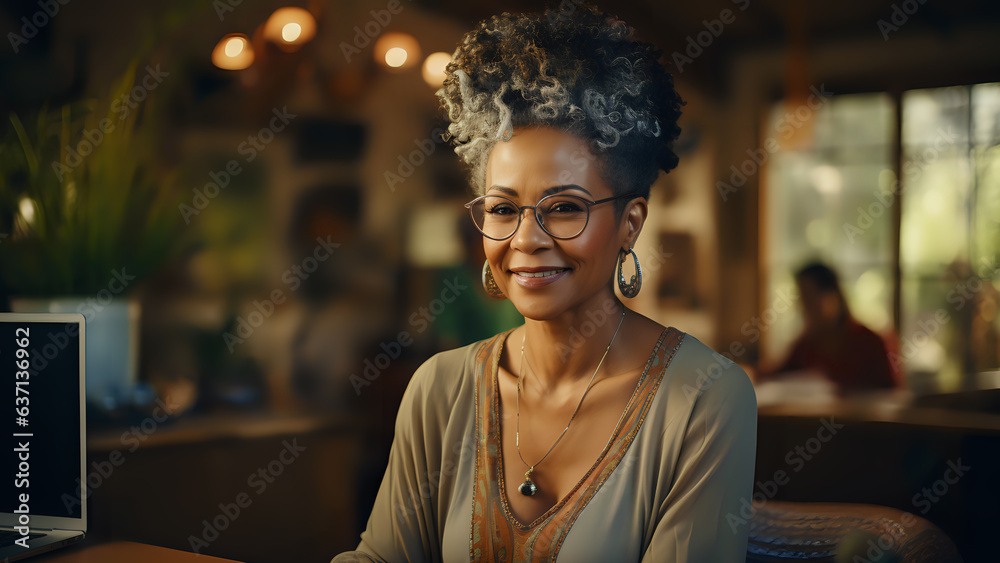 an elderly lady in glasses smiles in front of a laptop, a retired ...