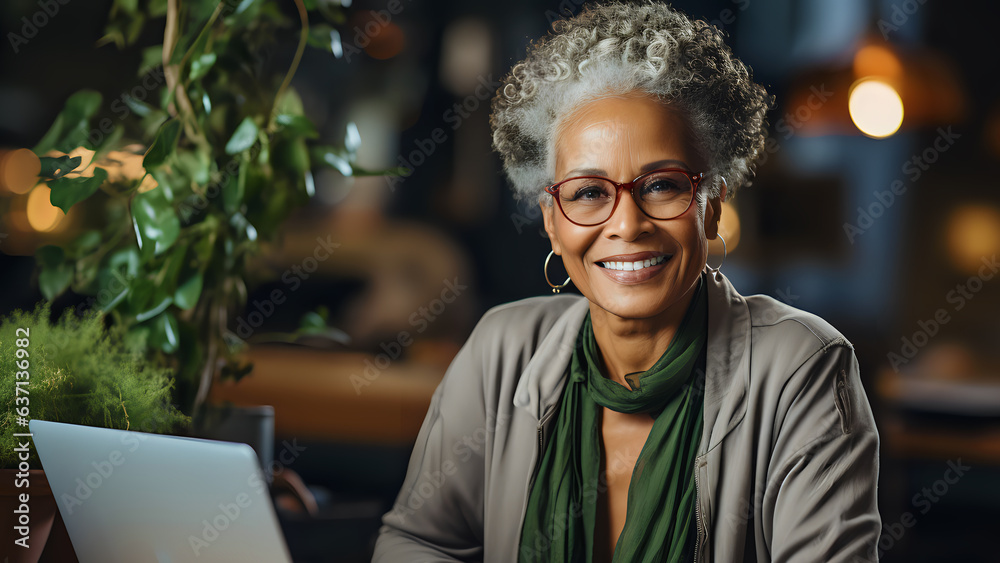an elderly lady in glasses smiles in front of a laptop, a retired ...
