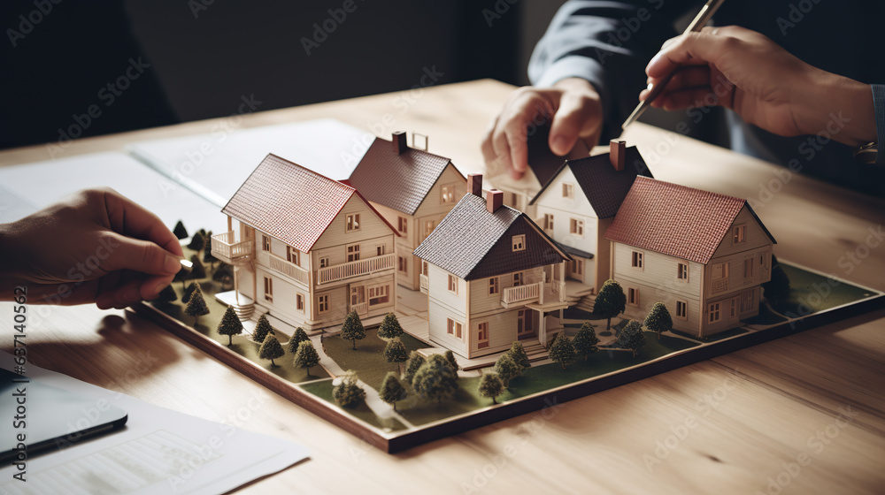 Layout of a house on a table and hands of businessmen, concept of ...