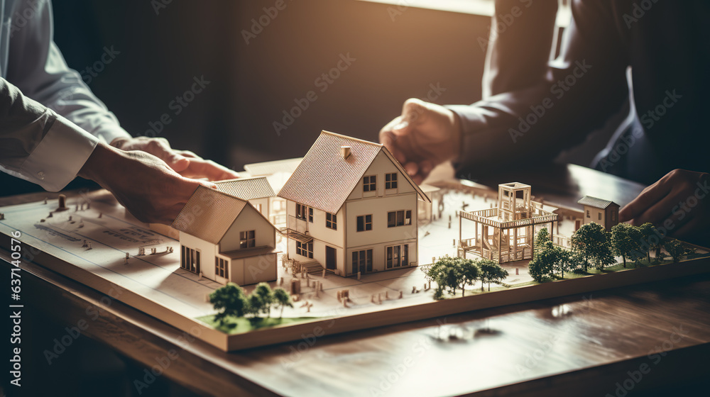 Layout of a house on a table and hands of businessmen, concept of ...